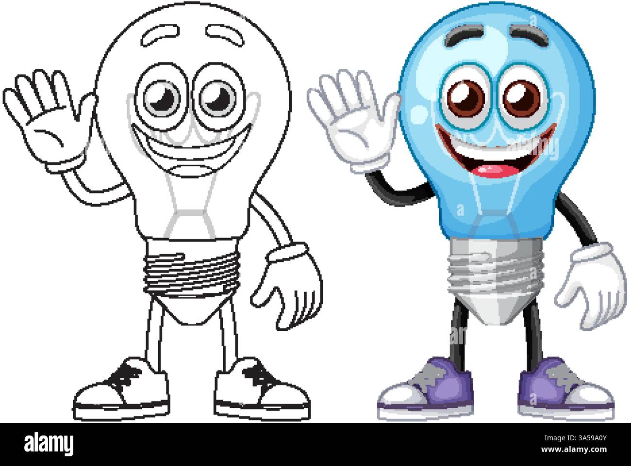 Vector illustration of a smiling light bulb character in color and ...