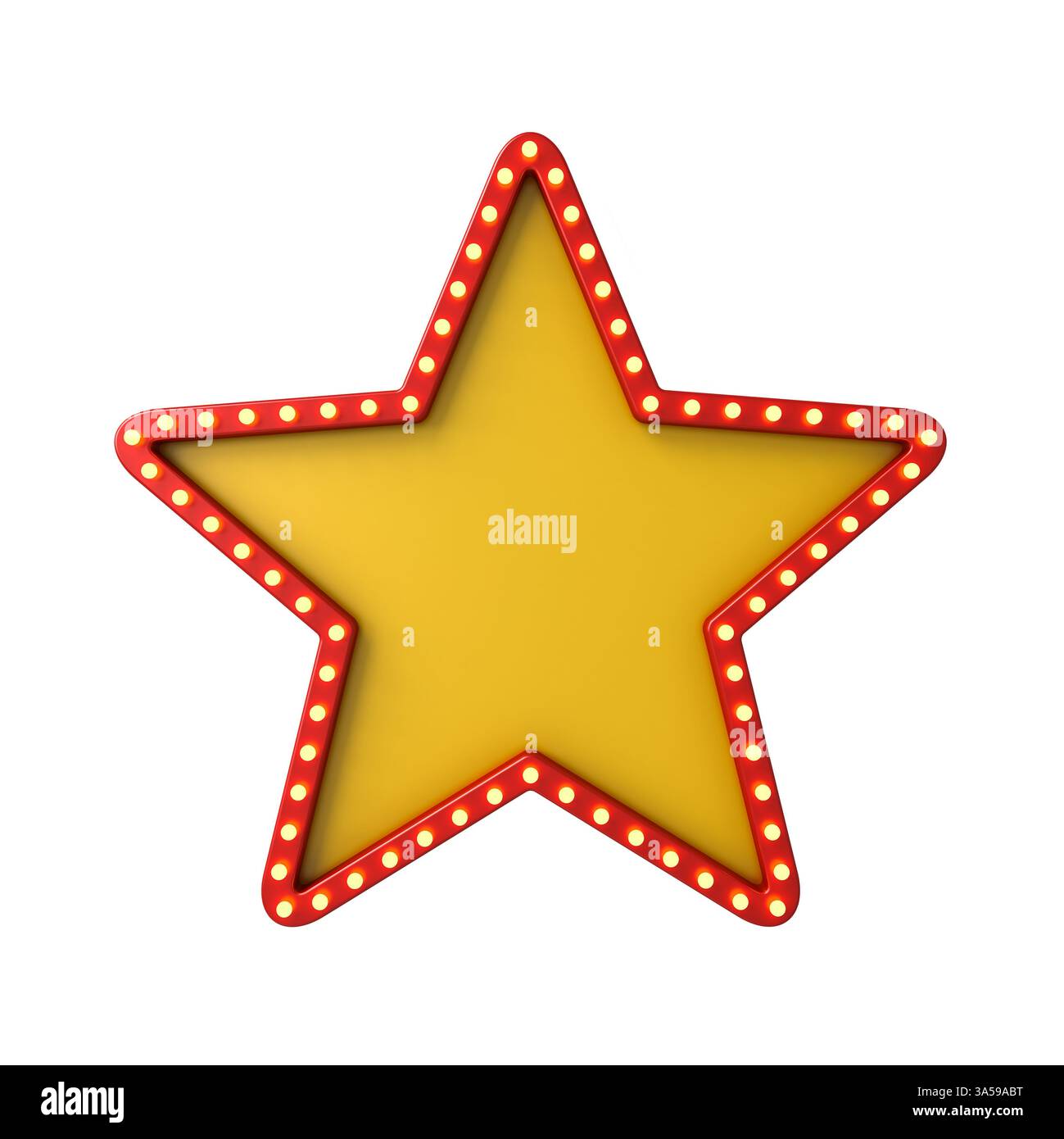 Blank yellow star sign with retro neon light bulbs isolated on white background 3D rendering ...