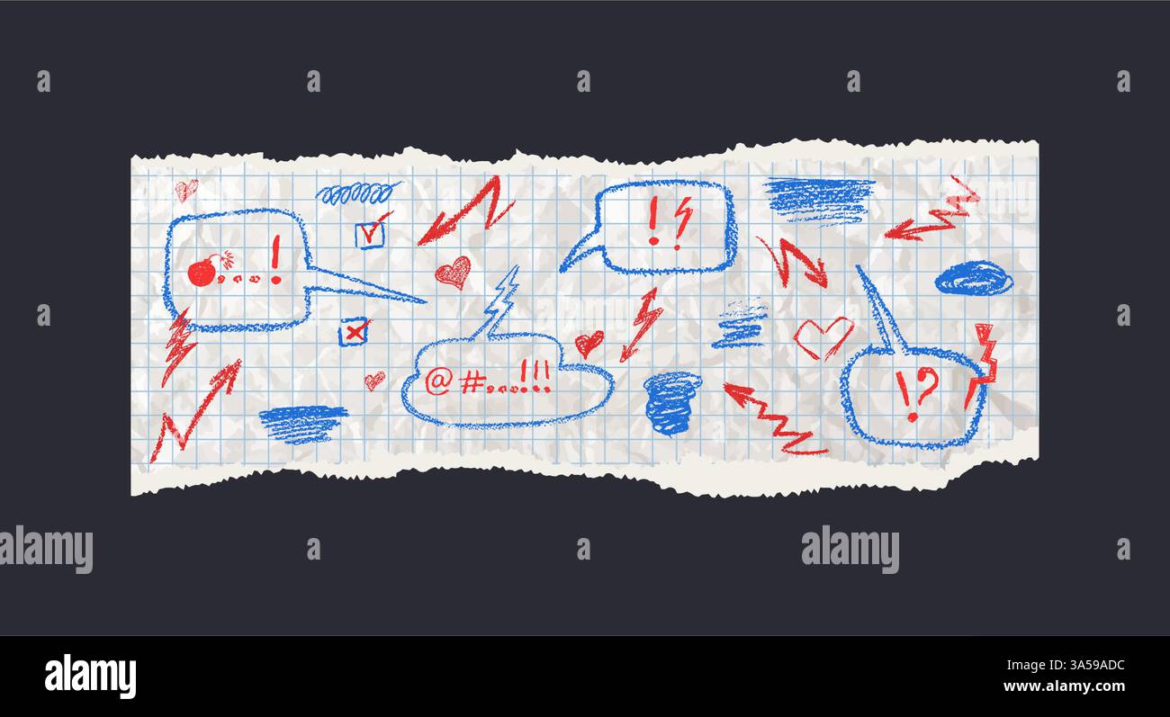 Piece of page with red color swear symbols. Blue dialog text boxes ...