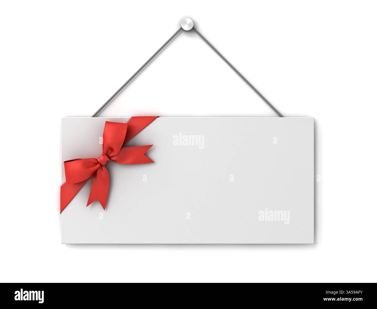 Blank white hanging gift card sign mock up with red ribbon bow isolated ...