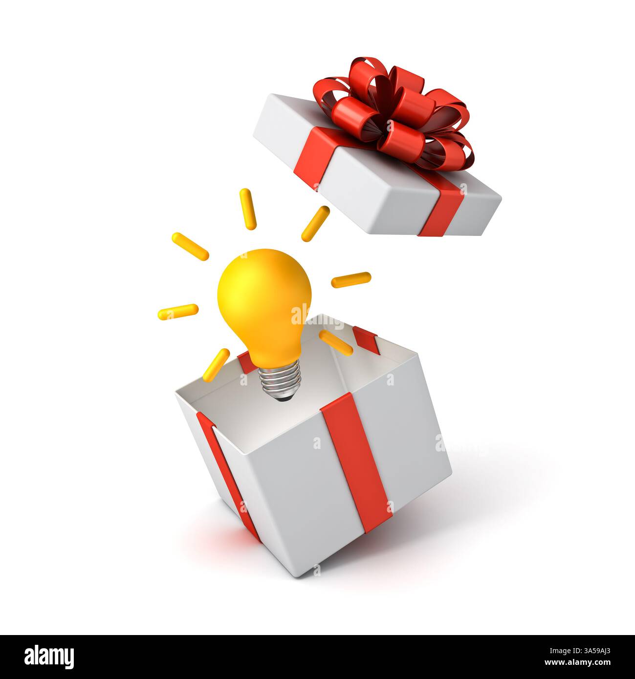 White present box with red ribbon and bow and yellow ideas light bulb ...