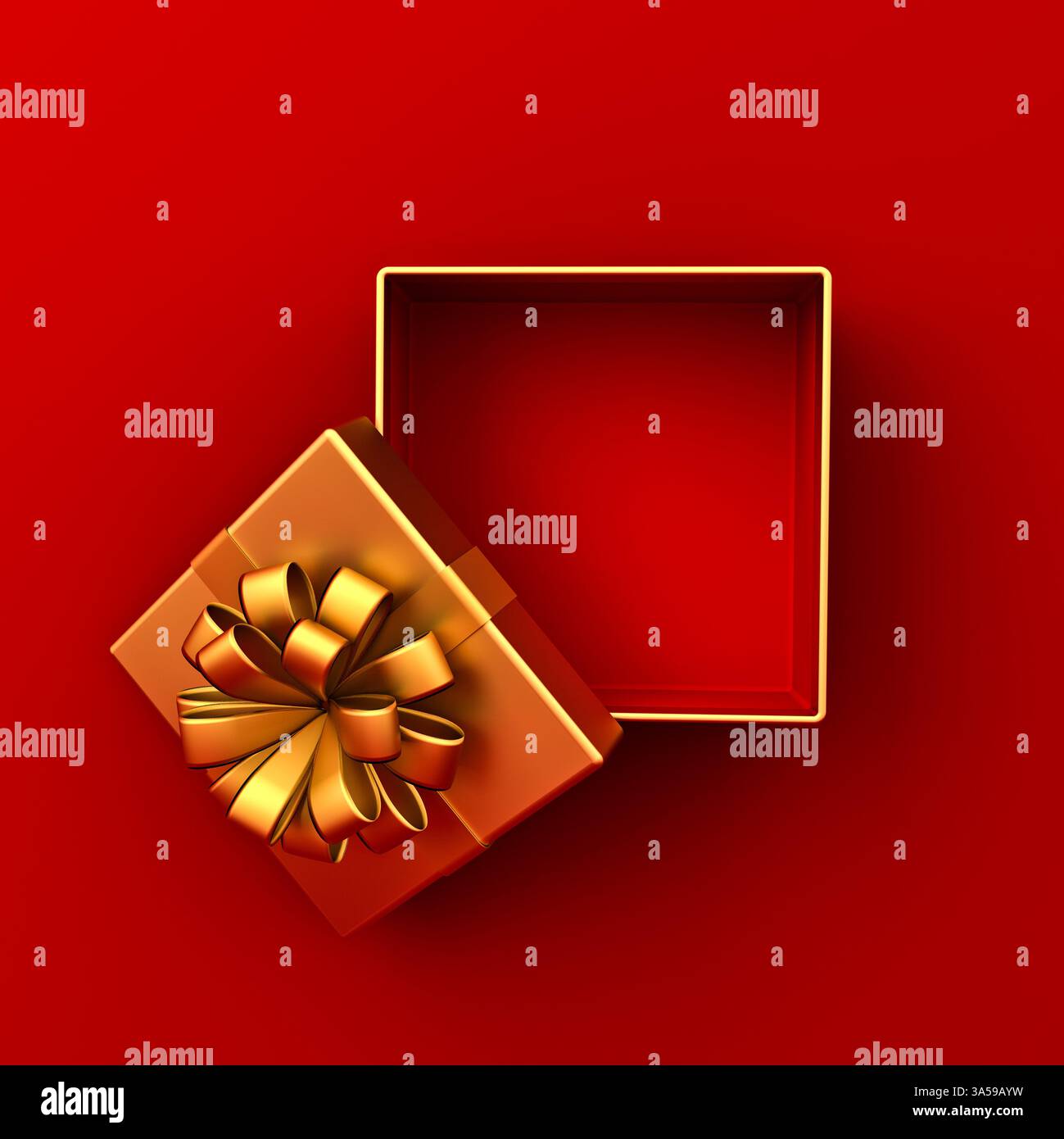 Top view of gold present box tied with golden ribbon bow or blank gold ...