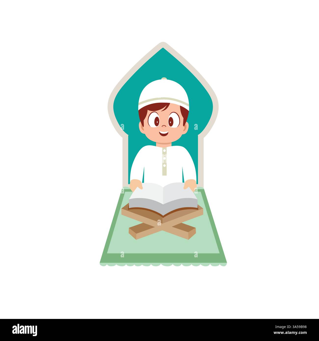 He is sitting on a prayer mat with a cheerful expression while reading ...