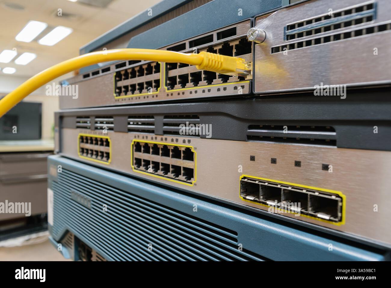 Network switch HUB and ethernet cables (LAN) in datacenter Stock Photo ...