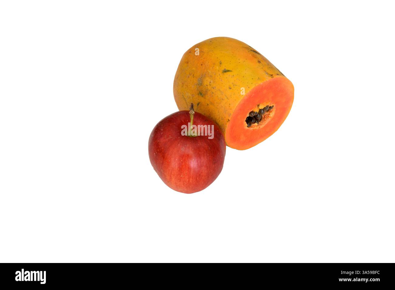 Apple and sliced papaya isolated on white background, clipping path ...