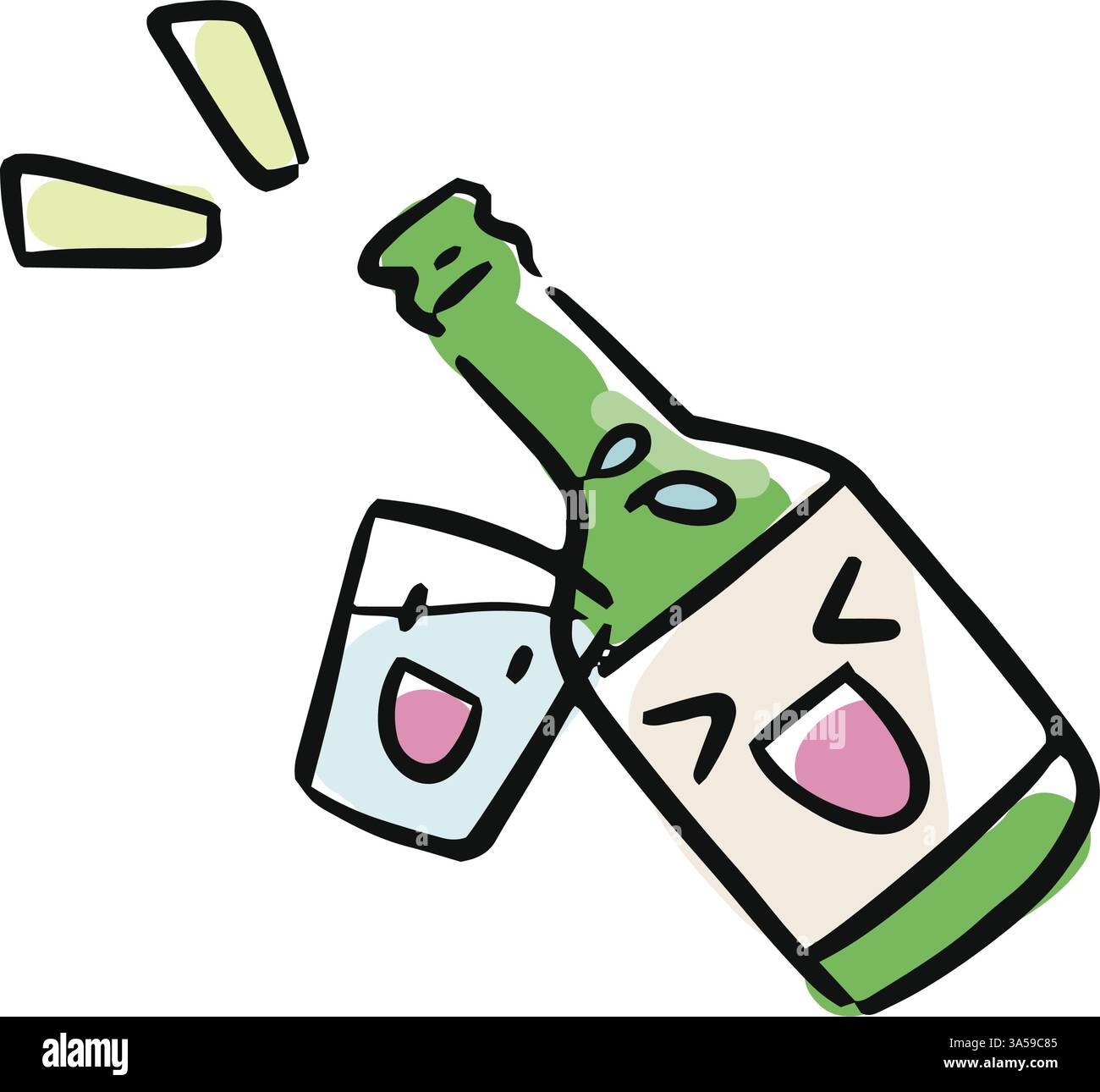 Hand drawing cartoon of Soju and its glass cheering. It is a famous ...