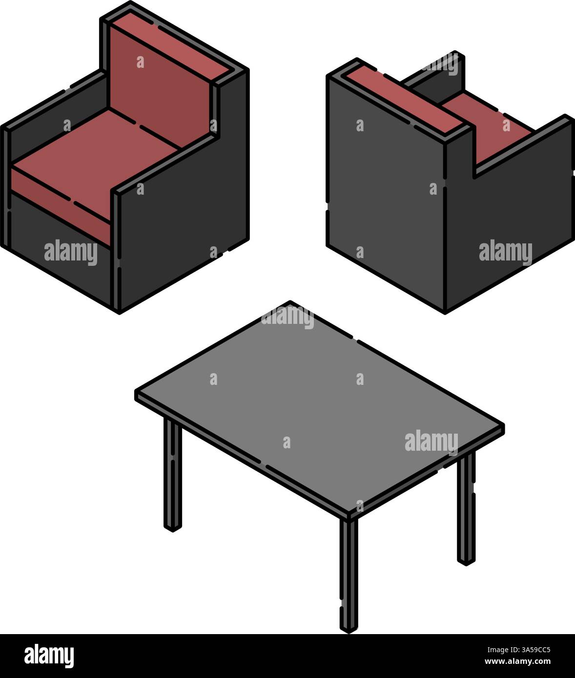 Set of chair and table for living room. Isometric Drawing Vector Stock ...