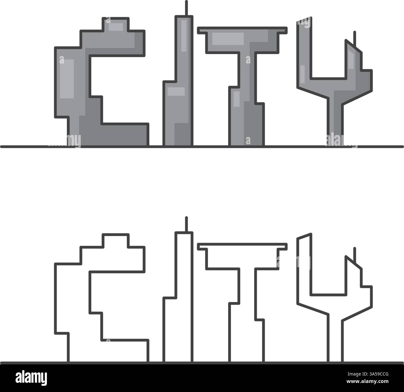 Cartoon line of buildings read as the text 'CITY'. Vector on white ...