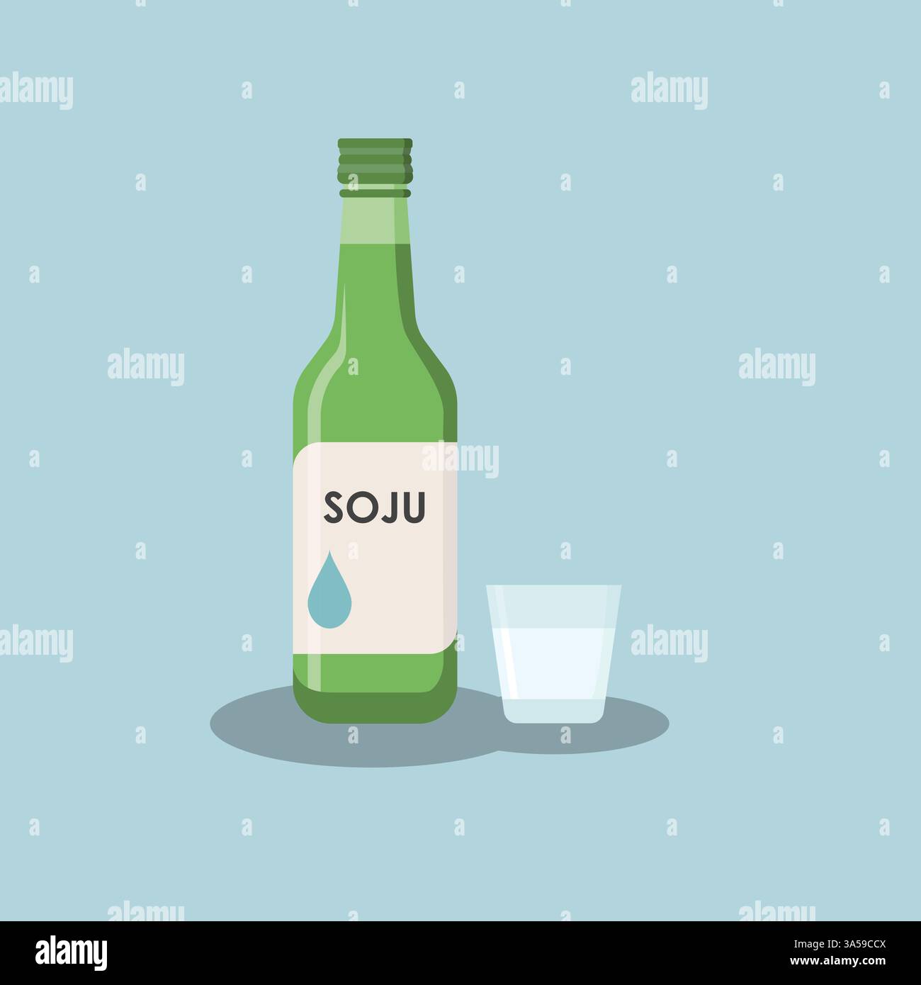 Flat icon of Soju with glass. It is a famous clear, colorless distilled ...