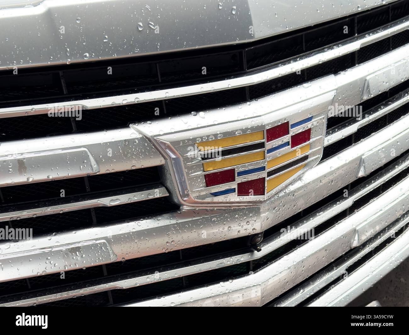 Antalya, Turkey, June 10, 2024: Cadillac Escalade black car logo with ...