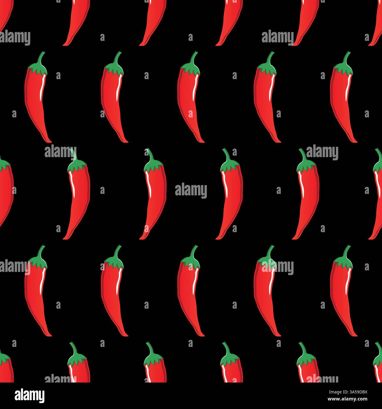 Red chilli stock vector seamless pattern on black background for ...