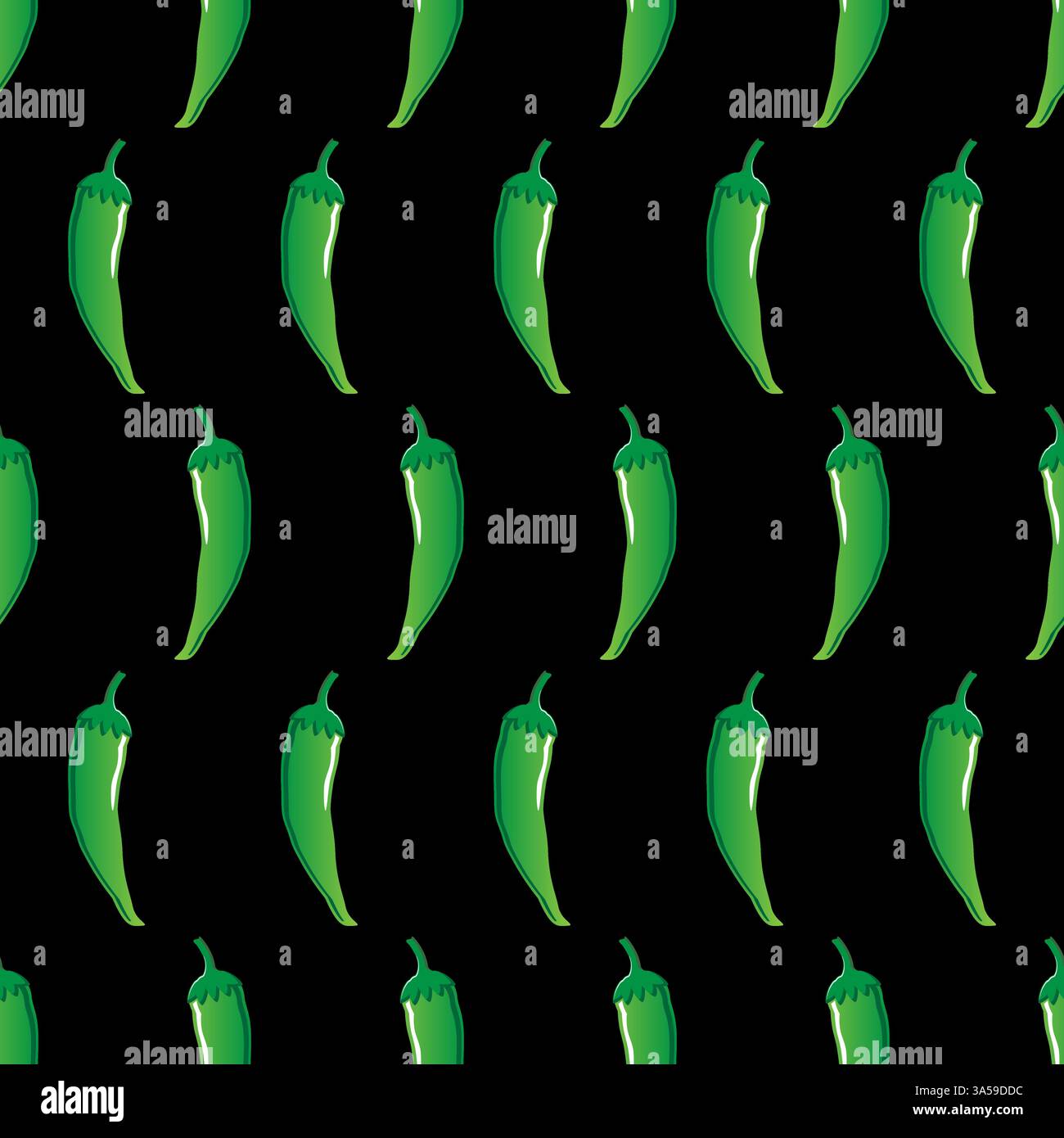 Green chilli stock vector seamless pattern on black background for ...
