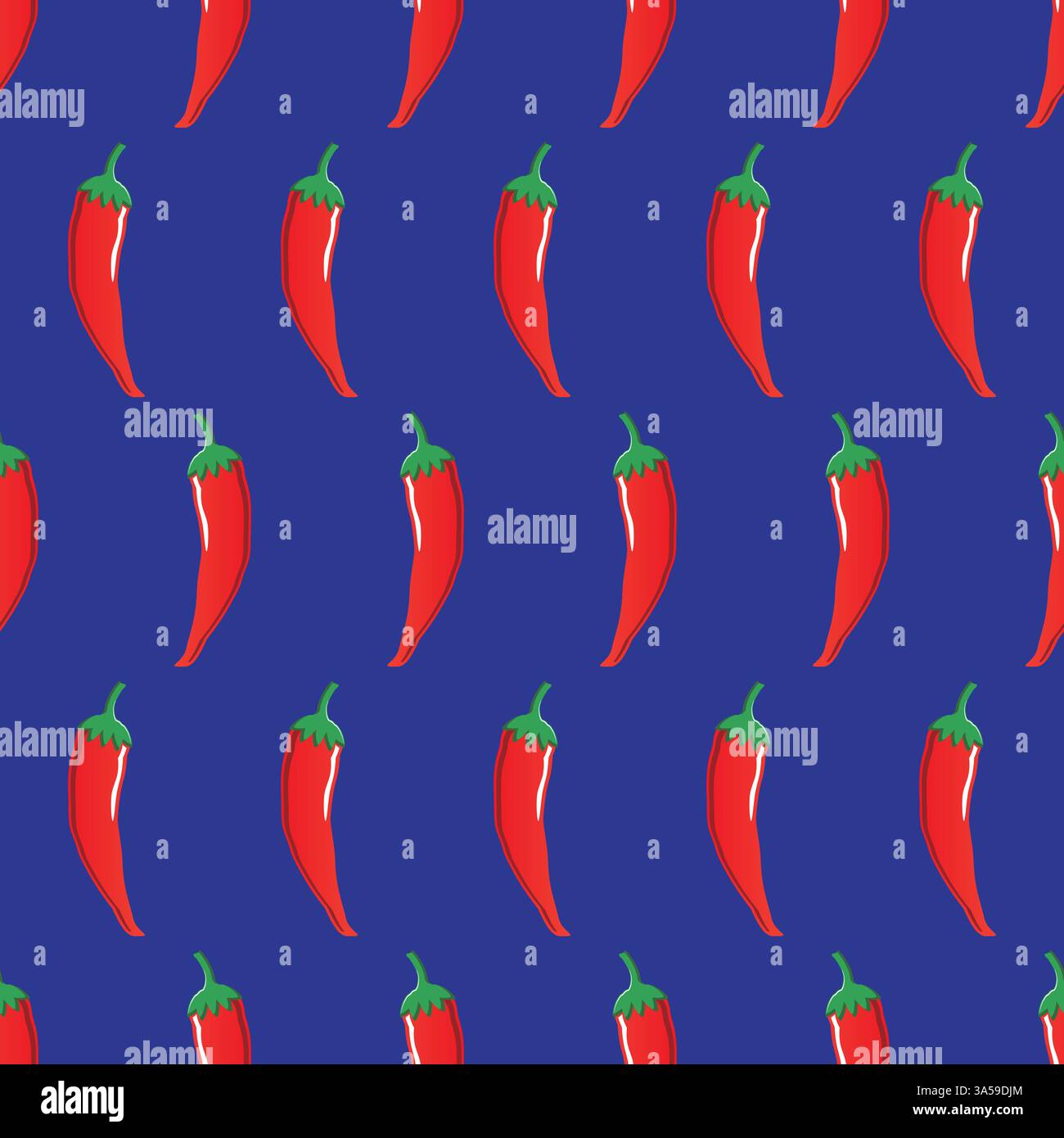 Red chilli stock vector seamless pattern on blue background for ...