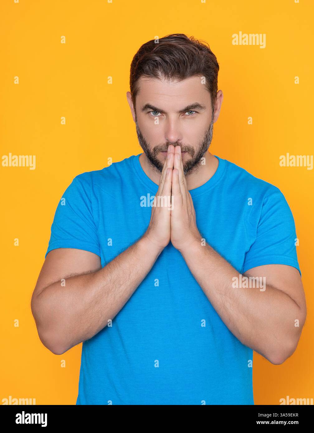 Male prayer. Man praying. Isolated portrait of male pray. Man kneeling ...