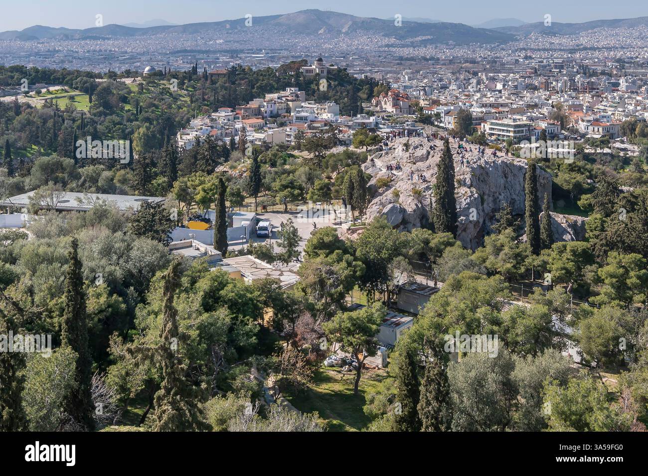 Aerial view of Areopagus Hill and National Observatory, Athens, Greece ...