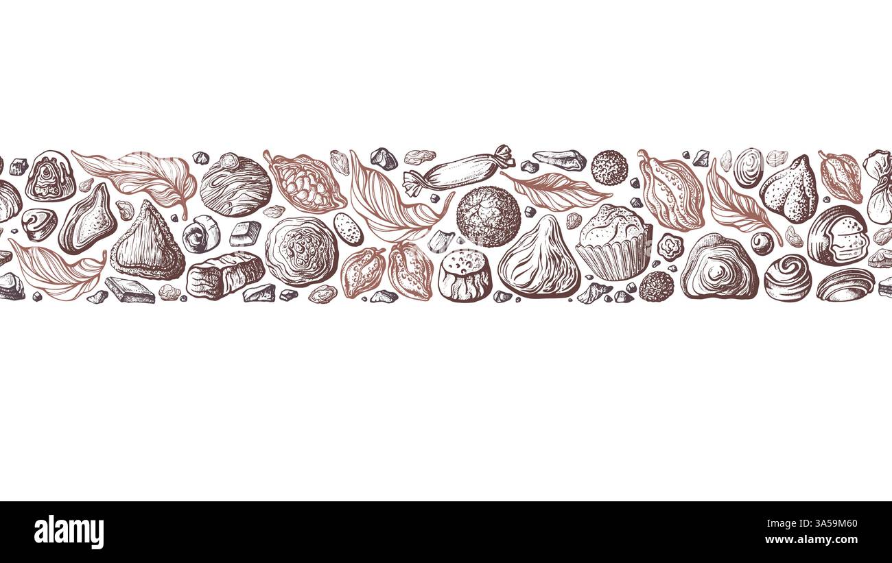 Chocolate truffles with cocoa branch. Vector stripe, texture seamless ...