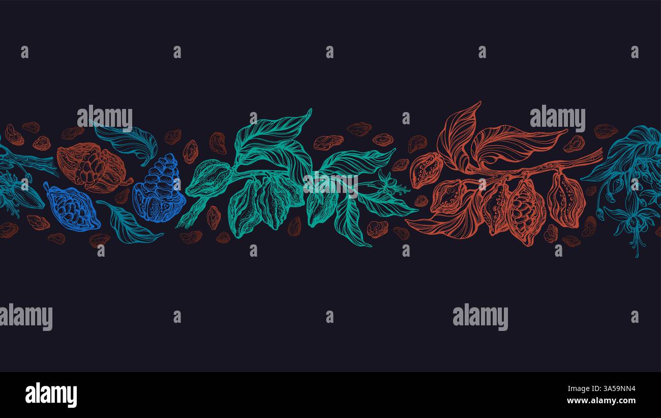 Cacao, dark chocolate. Vector band seamless pattern. Hand drawn graphic ...
