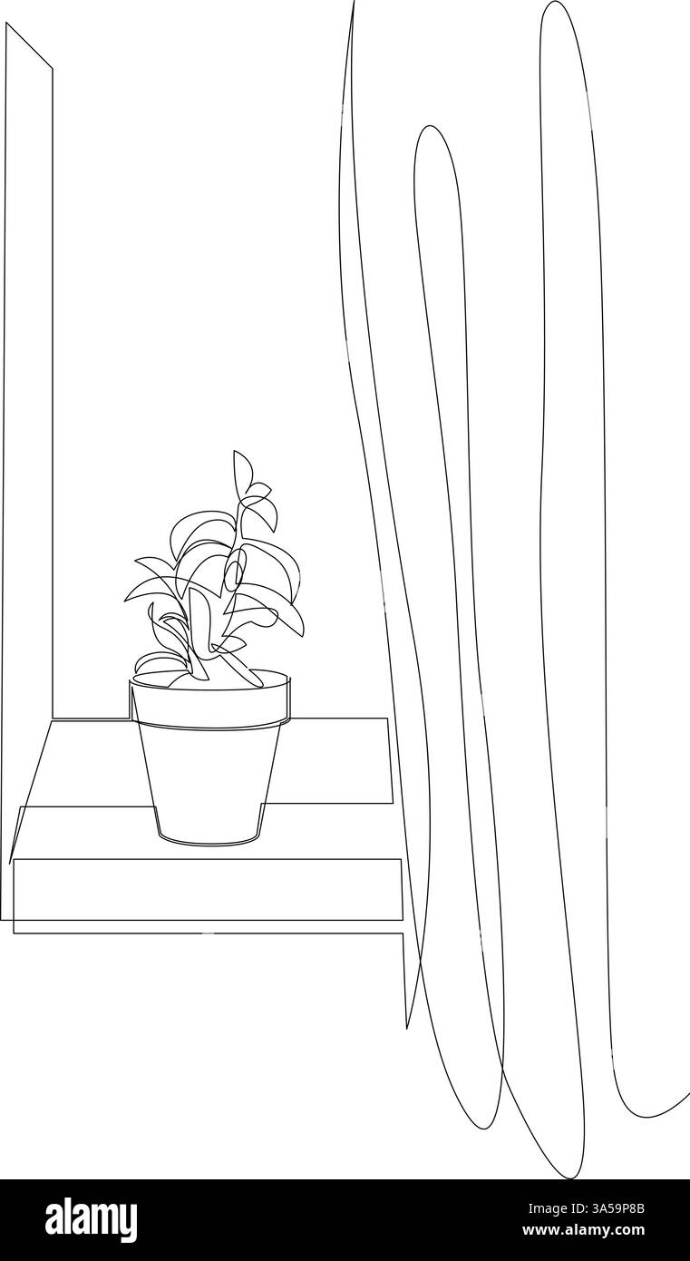 A potted plant on a windowsill by the curtain continuous one line art ...