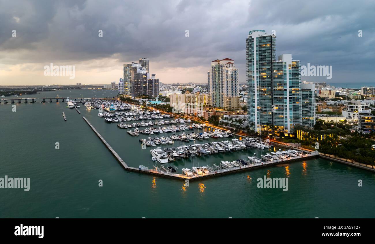 Miami Beach aerial drone view with skyline. Miami from above. Drone ...