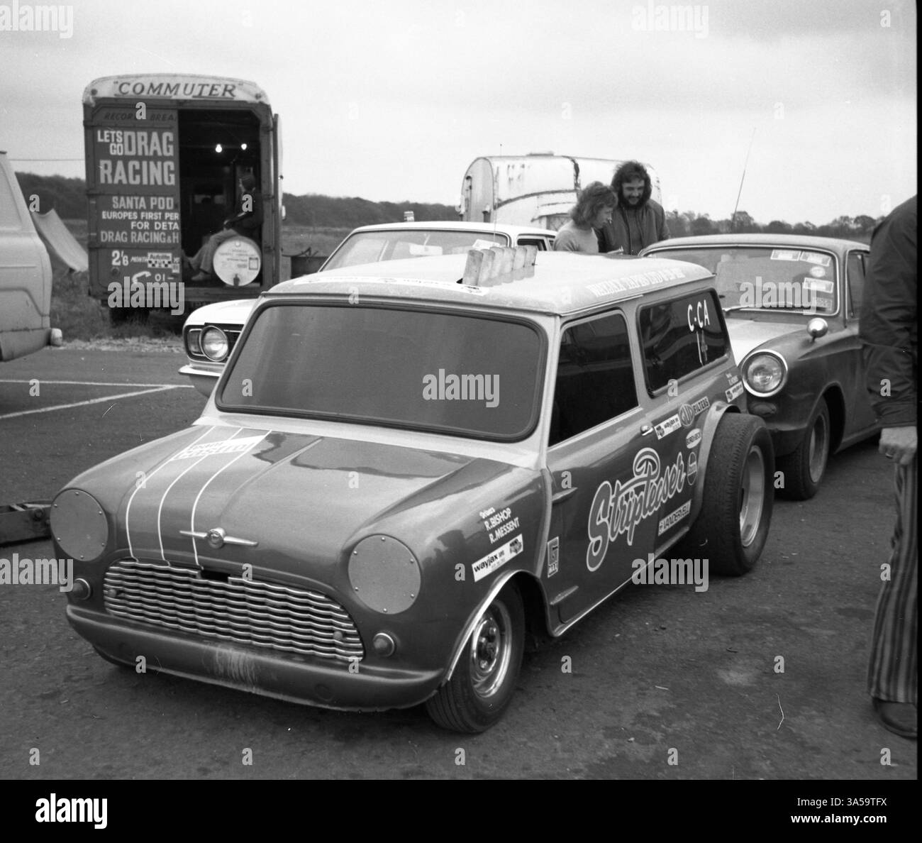 The modified mini van StripTeaser ,shown here at Santa Pod on 5th November 1972, is fitted with ...