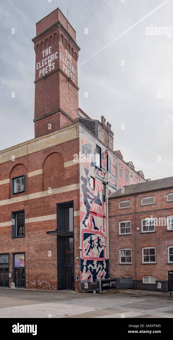The Electric Press building in Leeds with public art mural. A ...