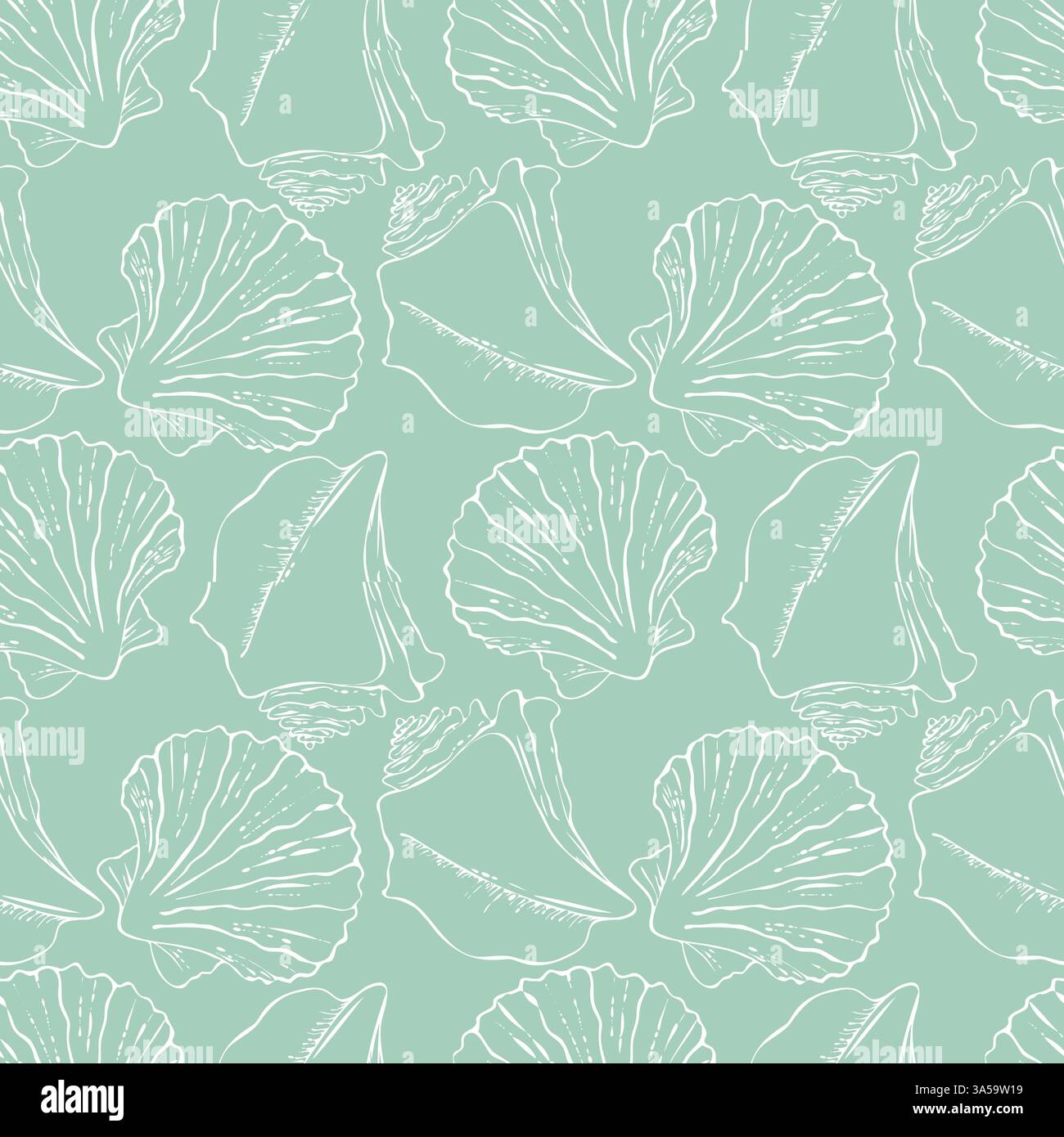 Seamless light green pattern with white outline of shells, mollusks ...