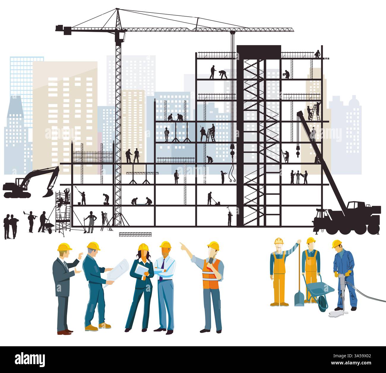 Construction site with construction workers and architects illustration ...