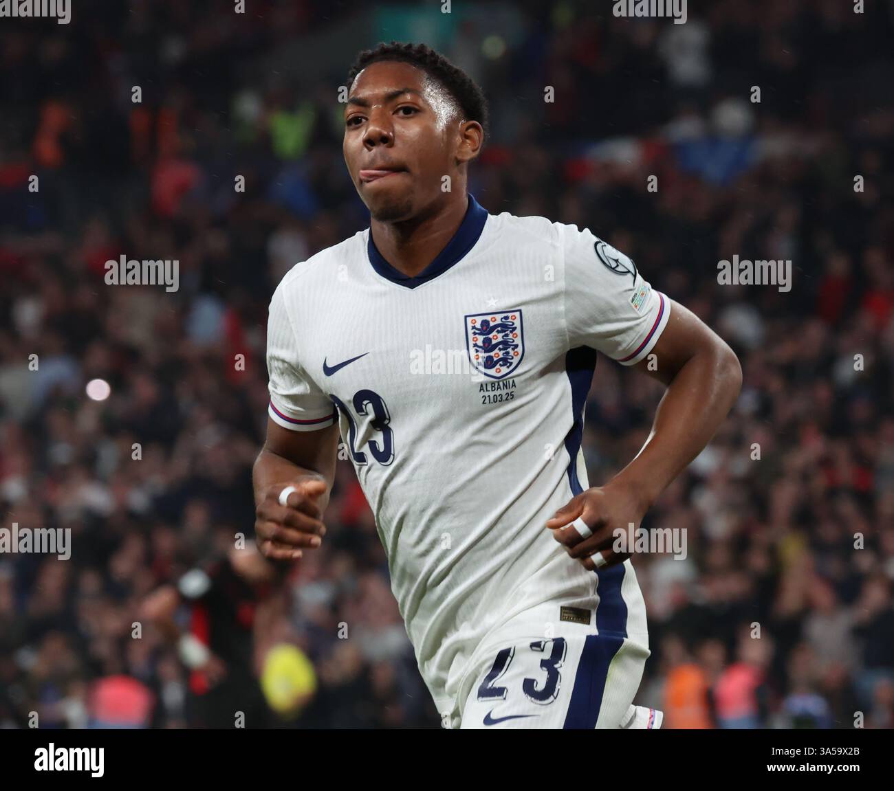 London, UK. 21st Mar, 2025. Myles Lewis-Skelly(Arsenal)of England ...