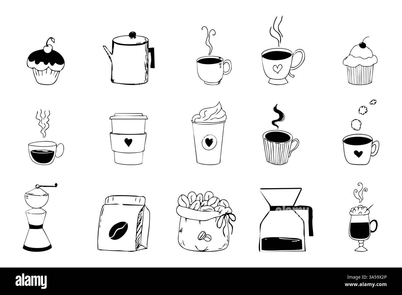 Coffee doodle set sketchy hand drawn set icon sack with coffee beans ...