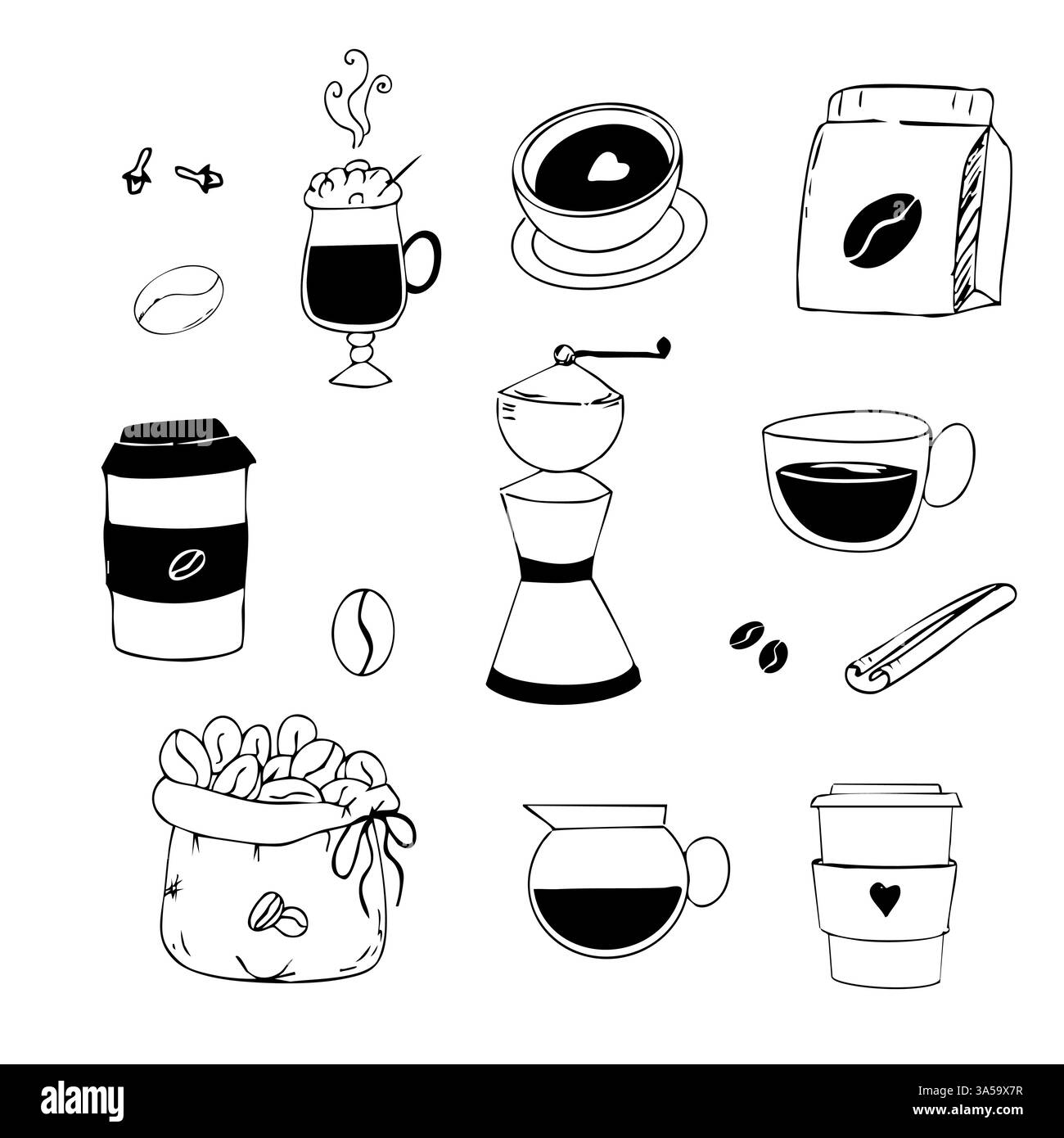 Coffee doodle set sketchy hand drawn sack with coffee beans, grinder ...