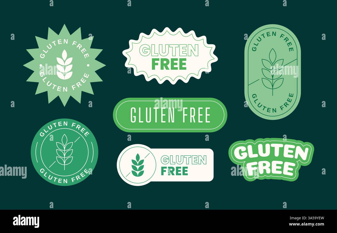 Set of gluten free label designs in flat and line style. Gluten free ...