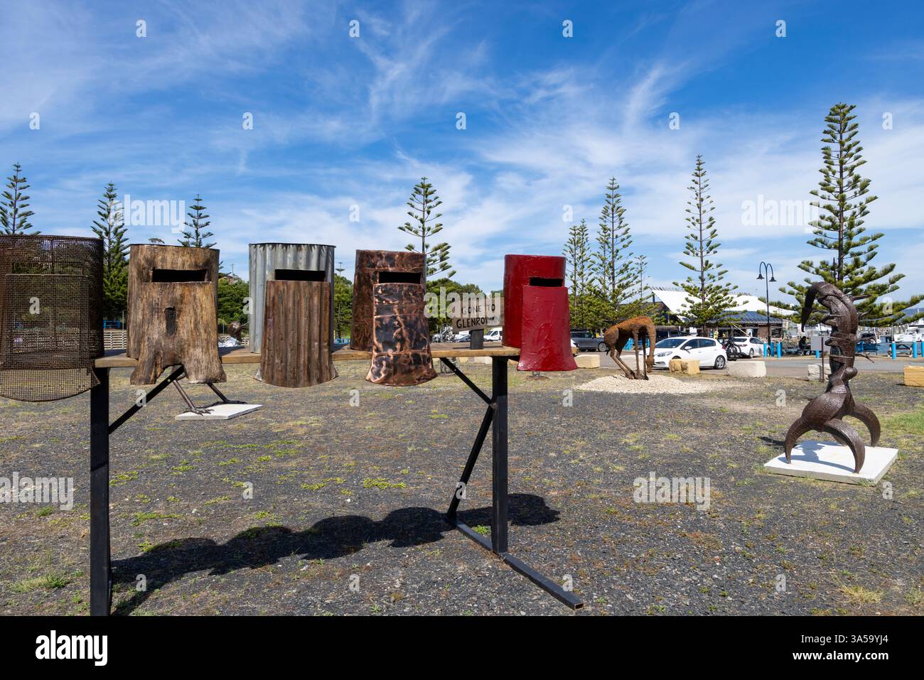 Port of Eden wharf public art display, Ned Kelly the outlaw masks with ...