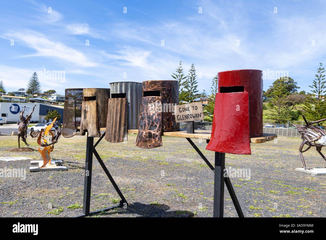 Port of Eden wharf public art display, Ned Kelly the outlaw masks with ...
