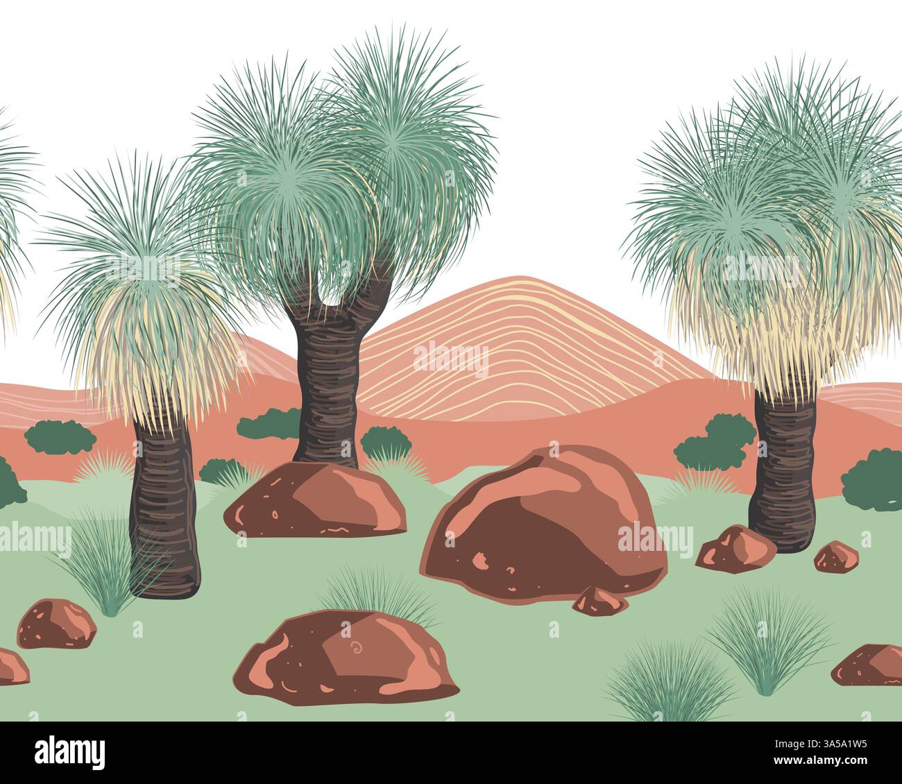 Xanthorrhoea tree and mountains landscape seamless pattern. The Grass ...