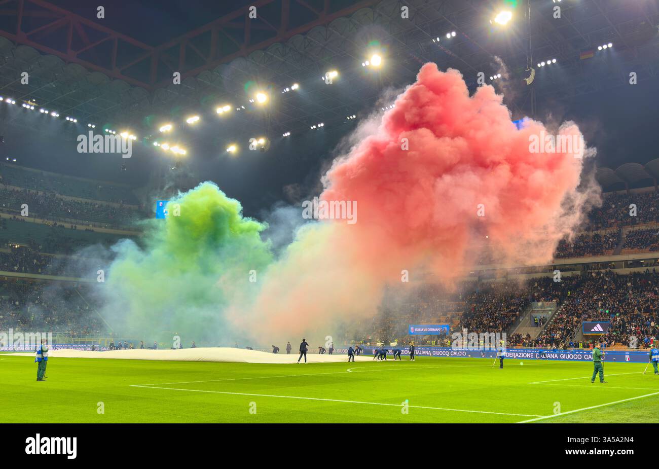 Mailand, Italy. 20th Mar, 2025. Pyrotech with the Nations colors of ...