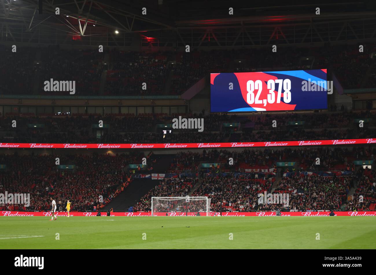 London, UK. 21st Mar, 2025. The electronic scoreboard shows the ...