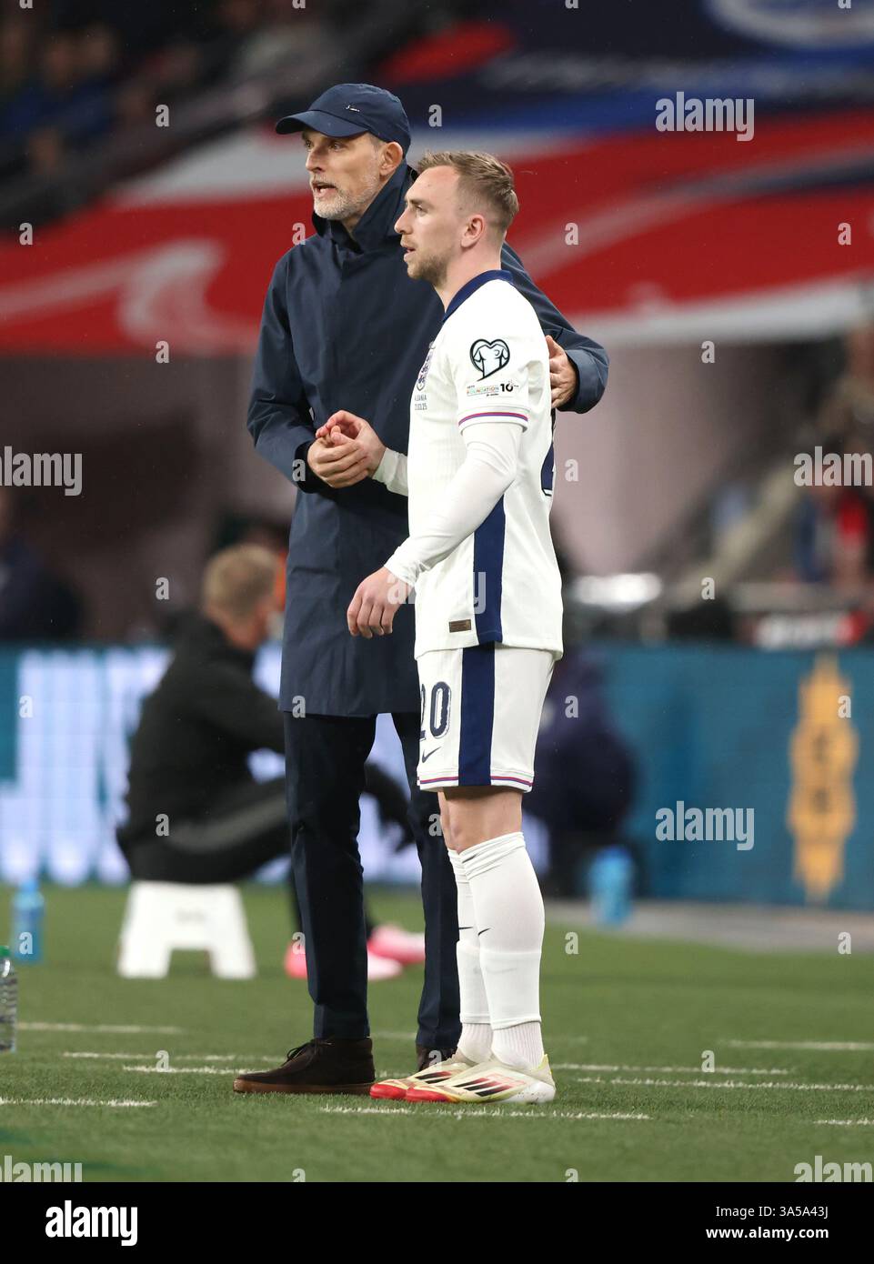 London, UK. 21st Mar, 2025. Thomas Tuchel (England head coach) Jarrod Bowen (E) at the FIFA ...