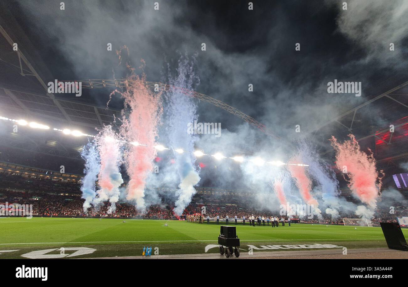 London, UK. 21st Mar, 2025. Pre-match fireworks at the FIFA World Cup ...