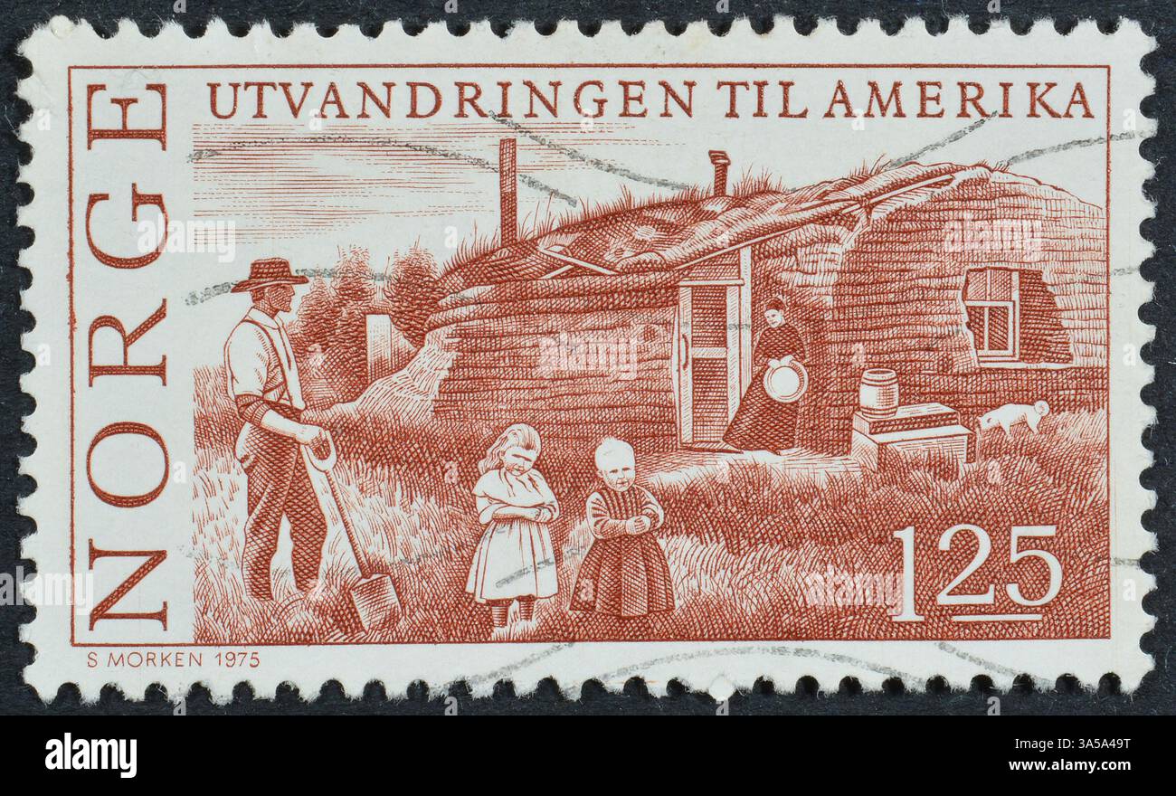 Cancelled postage stamp printed by Norway, that shows Colonist Family ...