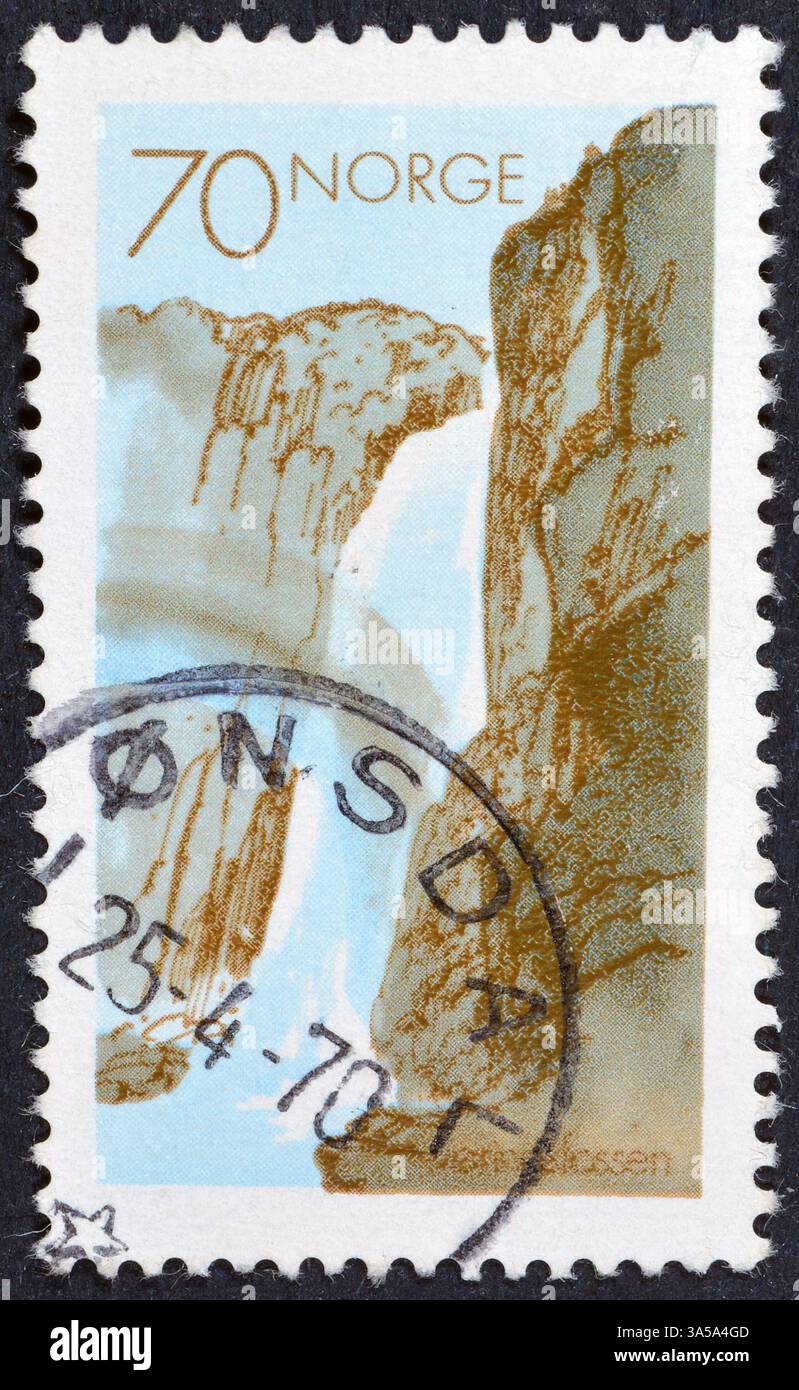 Cancelled postage stamp printed by Norway, that shows Vøringsfossen ...