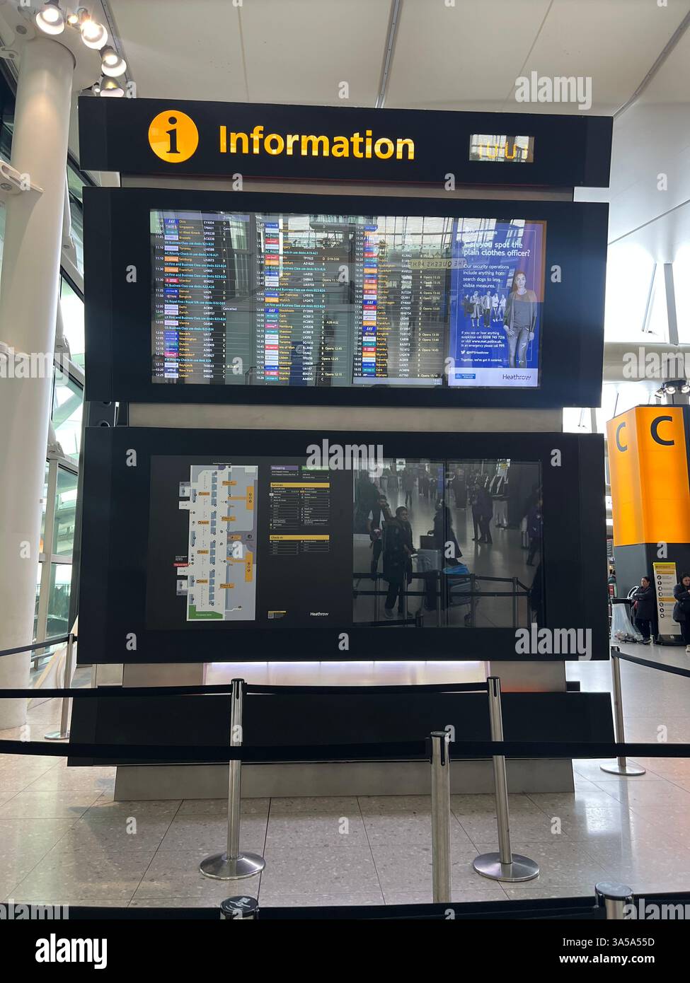 Flight information screens at Heathrow Terminal 2 in London. Flights ...