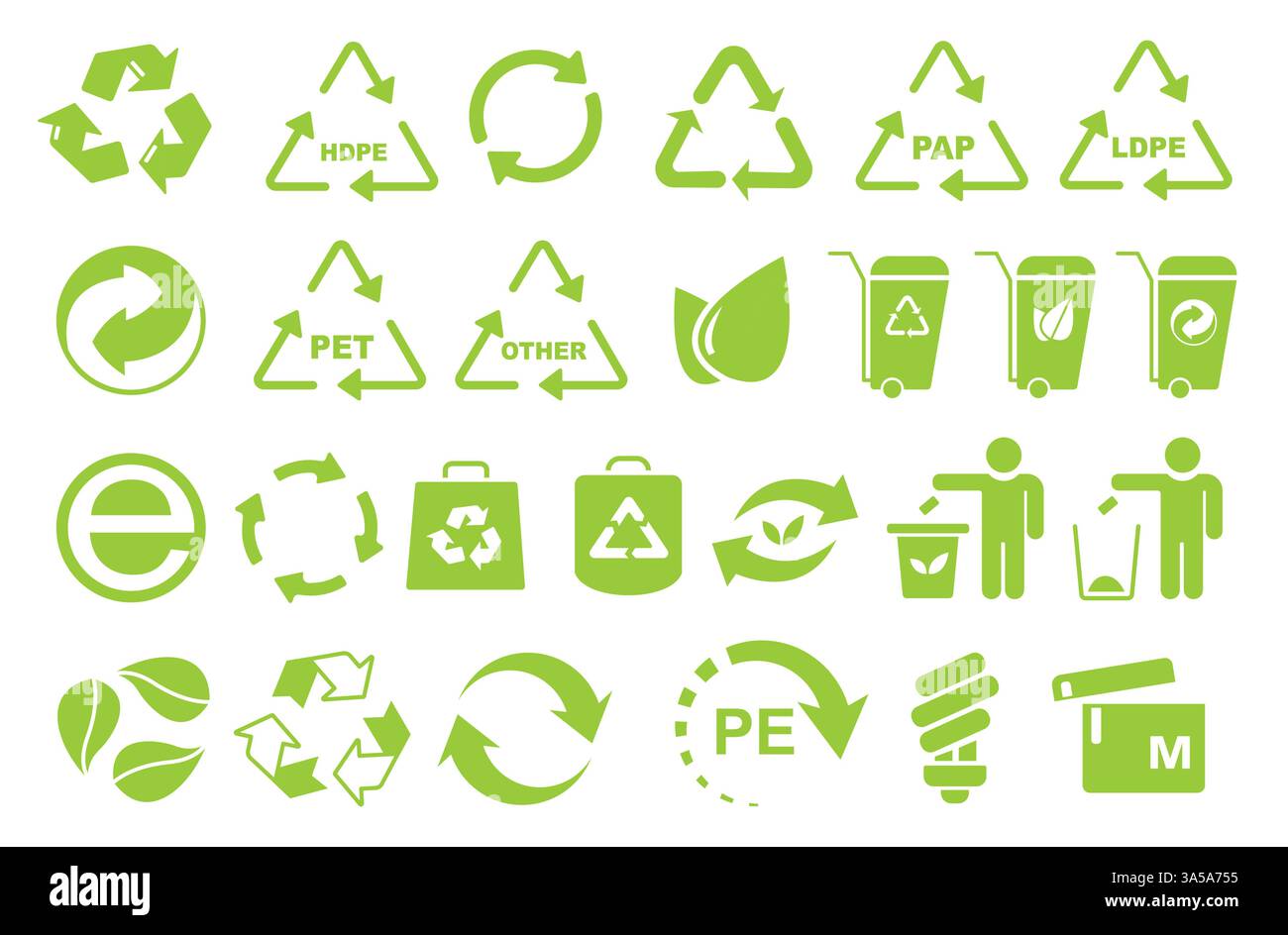 Recycle icons. Eco friendly packaging certification symbols, plastic paper aluminum recycling ...