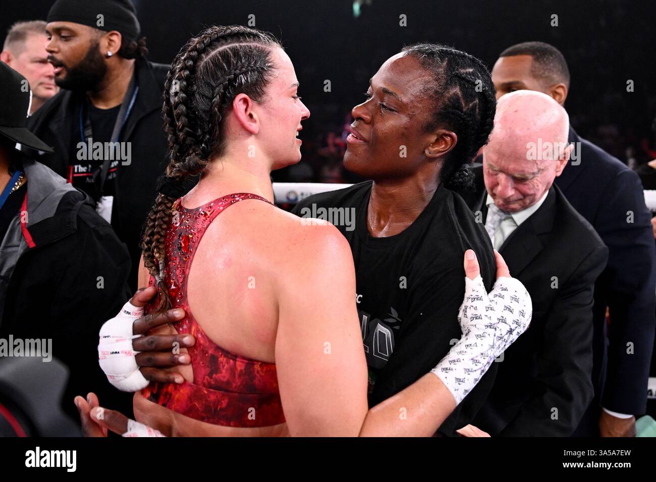 Skye Nicolson of Australia and Tiara Brown of the USA embrace following their WBC World ...