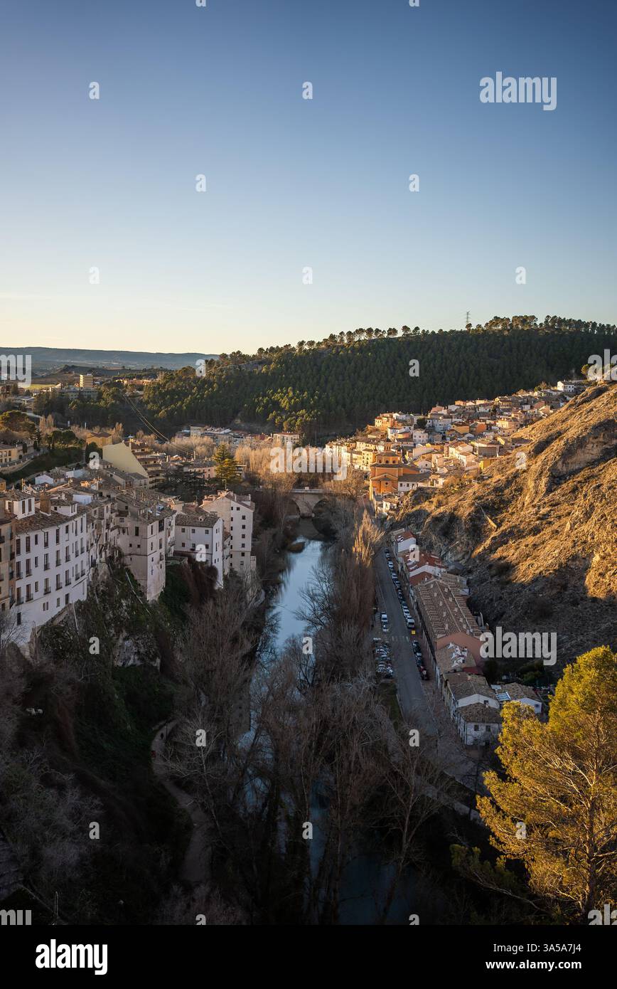 aerial view of historical district of Cuenca town, river and mountains ...