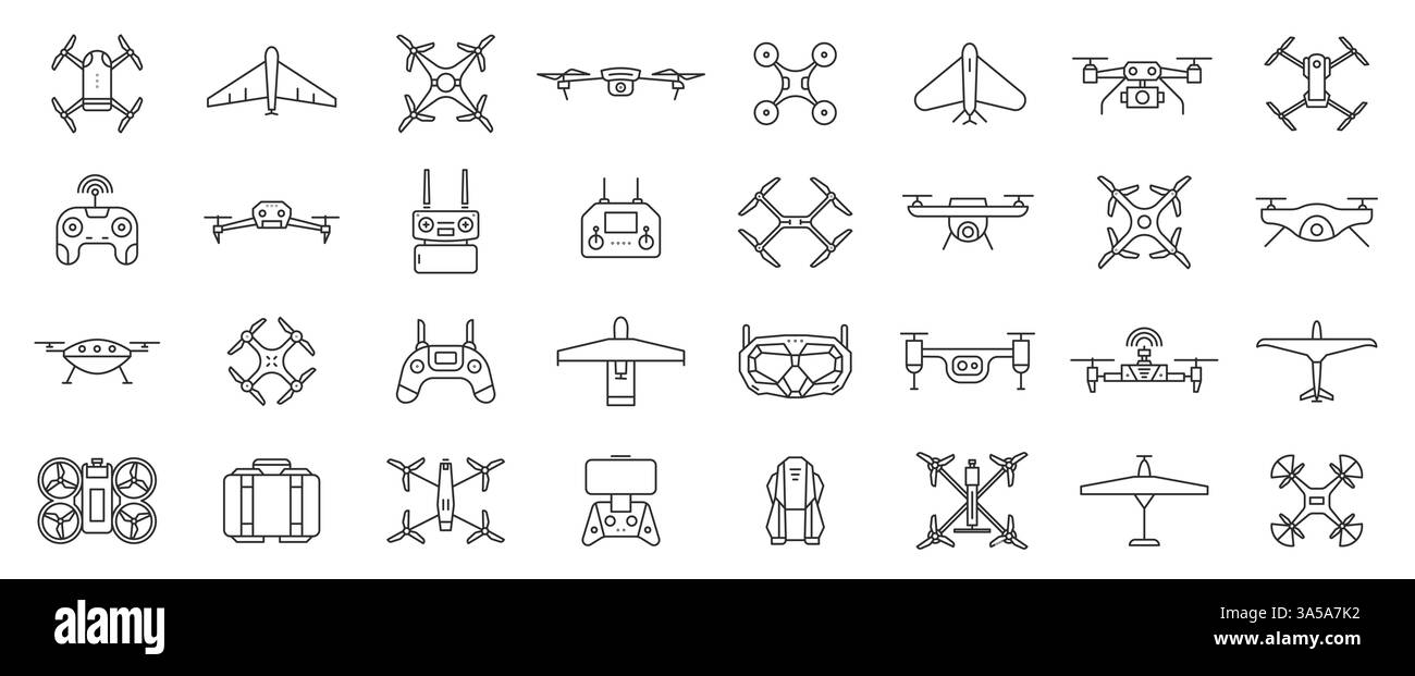 Drone line icons. Aviation unmanned controlled aircraft with camera ...