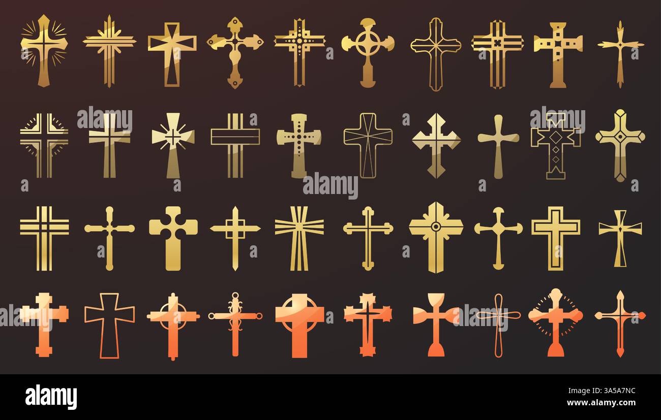 Golden crucifix. Christian crucifixion cross icon set, church religion symbols for easter holy ...