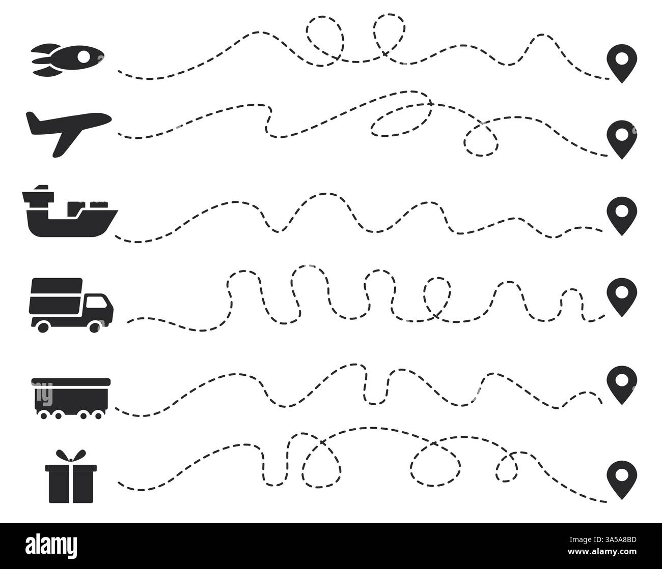 Delivery path line. Shipment dotted route infographic with location pin ...