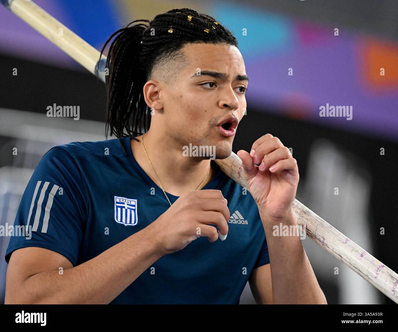 Nanjing, China's Jiangsu Province. 22nd Mar, 2025. Emmanouil Karalis of Greece warms up before ...