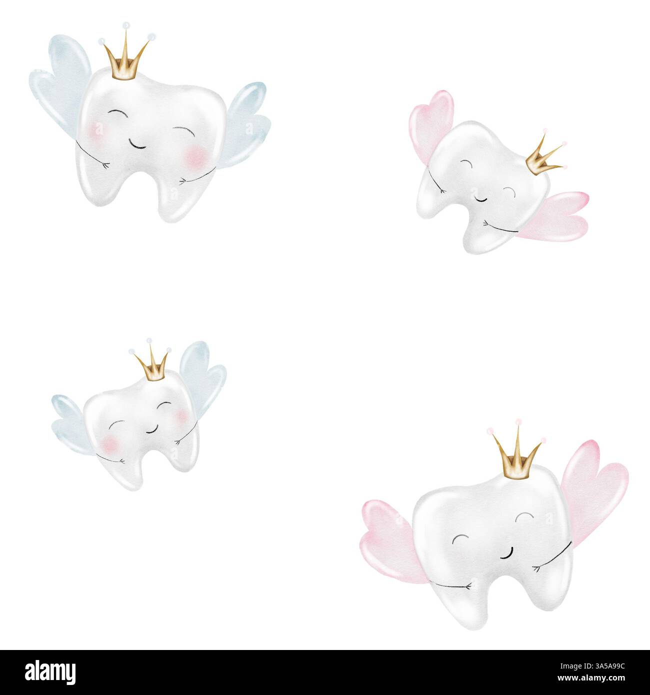 Baby tooth watercolor pattern. Cute cartoon molar with crown on ...