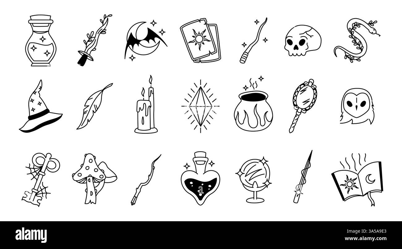 Magic icons. Which tarot wizard astrology mystery symbols, cartoon ...